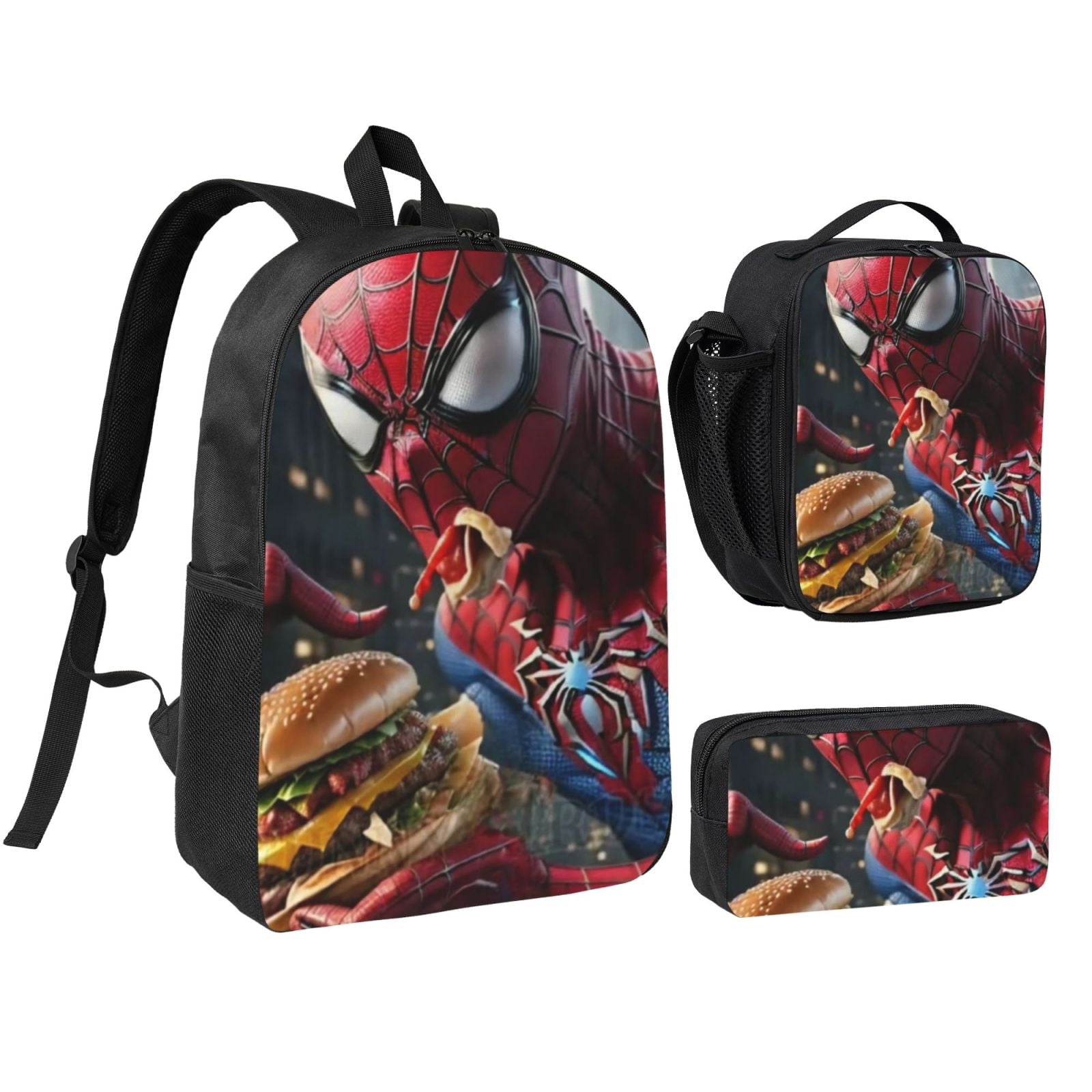 Spider-Man Eating Burger School Backpack with Lunch Box and Pencil Cas ...