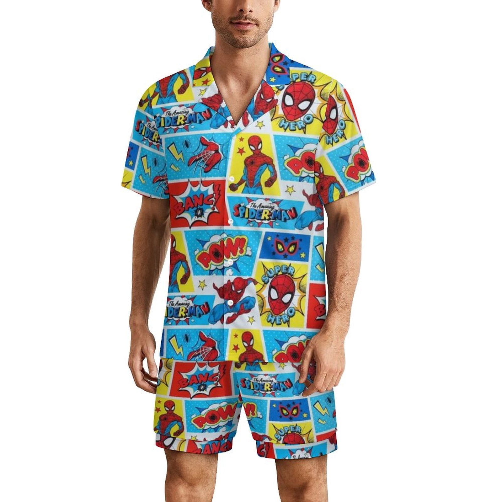 Spider-Man Men's Ice Silk Satin Pajamas 2 Piece Short Sleeve Sleepwear ...