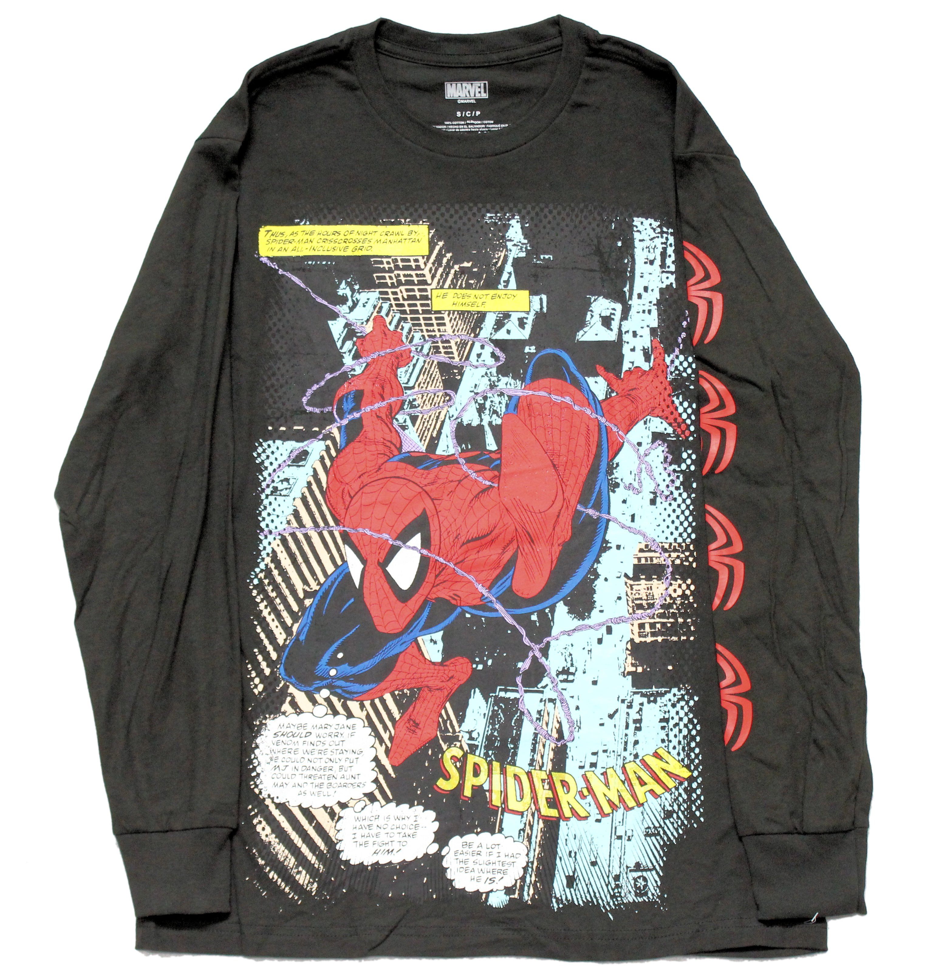 Spider-Man Mens Longsleeve T-Shirt - Swinging Over City Comic Panel ...