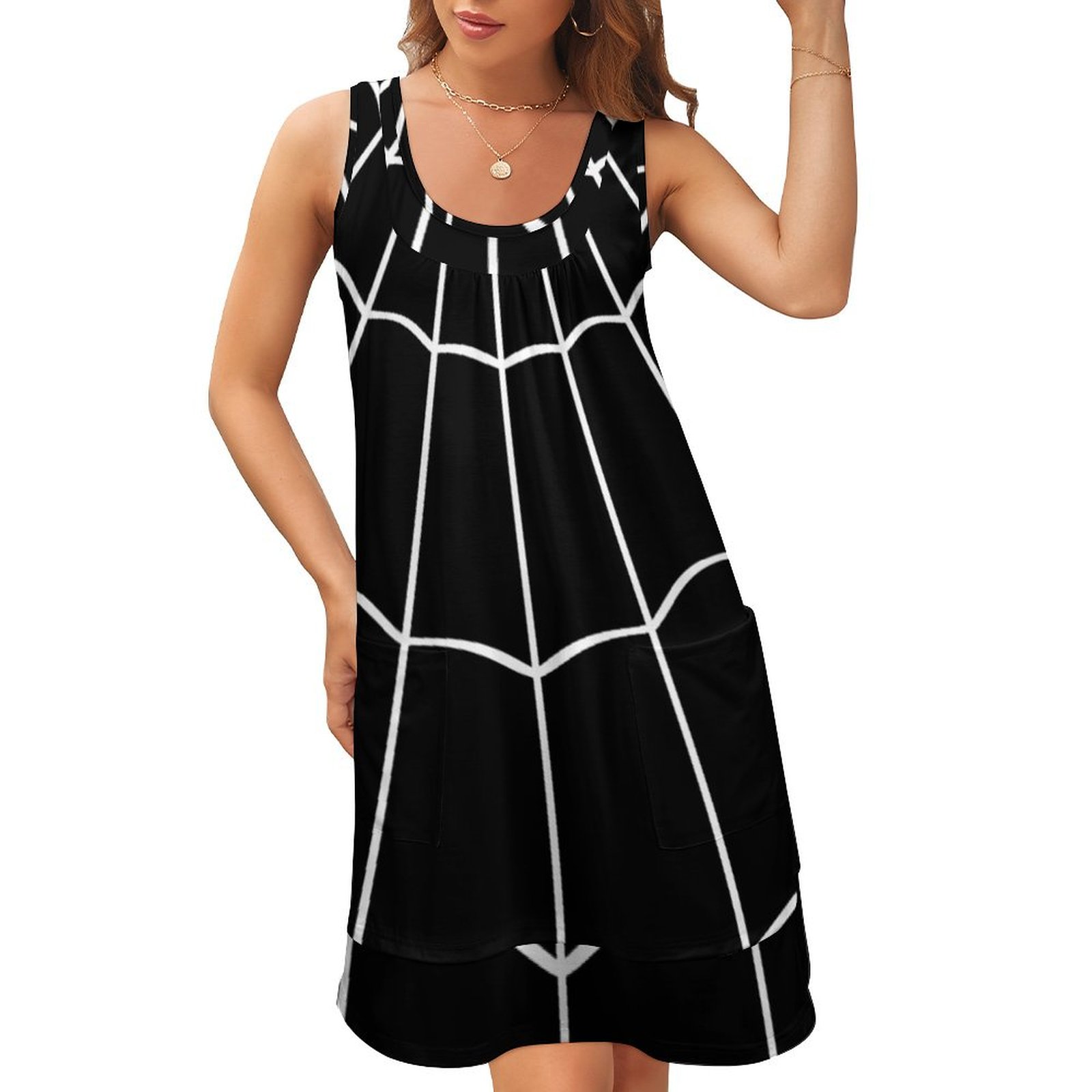 Spider Web - Black Sleeveless U-Neck Fake Two Piece Dress summer ...
