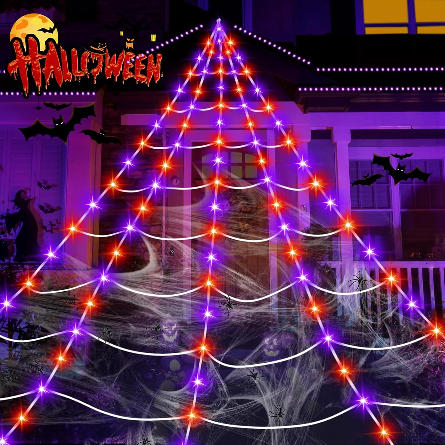 Spider Web Halloween Decoration Outdoor Lights, 250 Purple LED Light Up ...