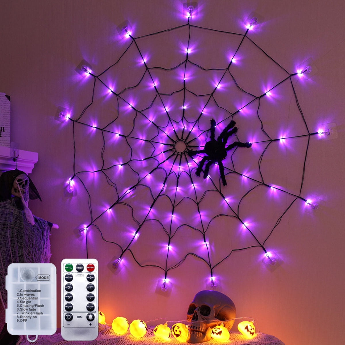 Spider Web Lights with Controller, 8 Lighting Modes Halloween 70 LED ...