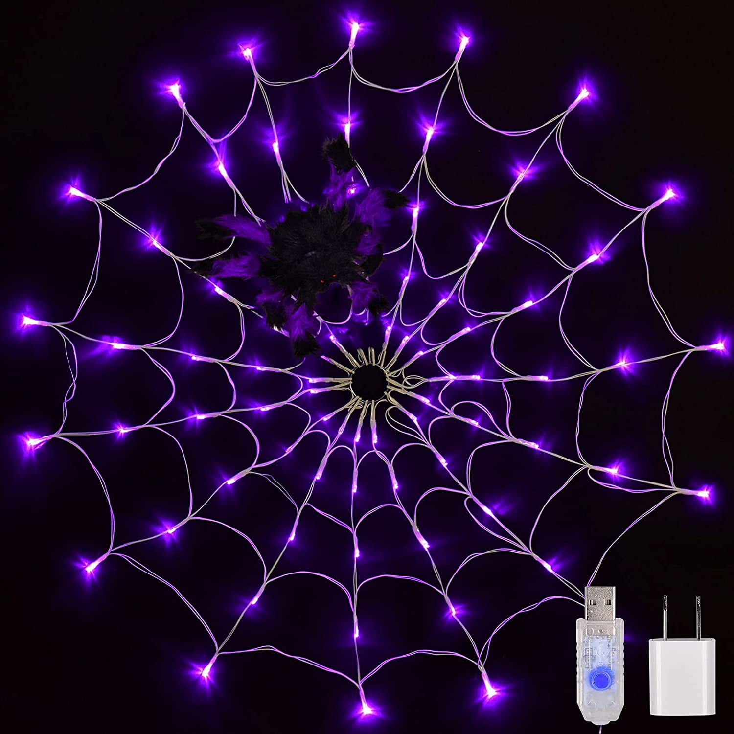 Spider Web Lights, Halloween Lighted Purple 80LED Spider Net with ...