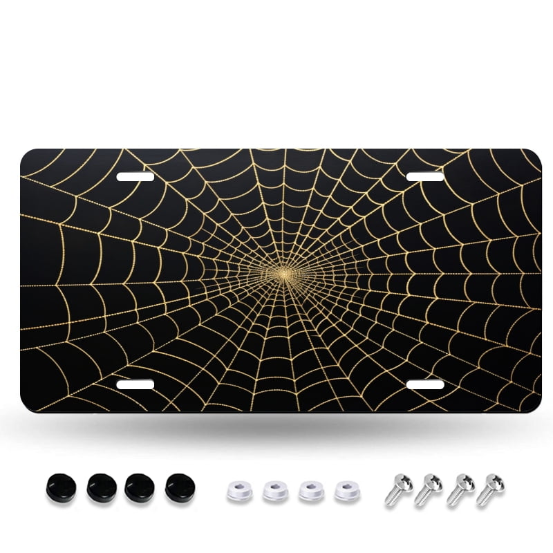 Spider Web Made of Golden Thread on Black Background License Plate ...