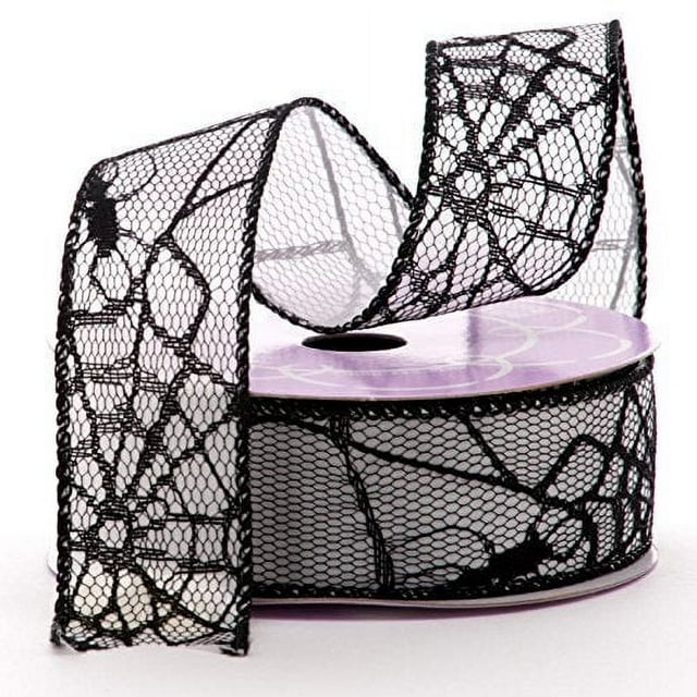 Spider Web On Top of White Satin Wired Ribbon - 1 1/2 Inches Wide X 10 ...