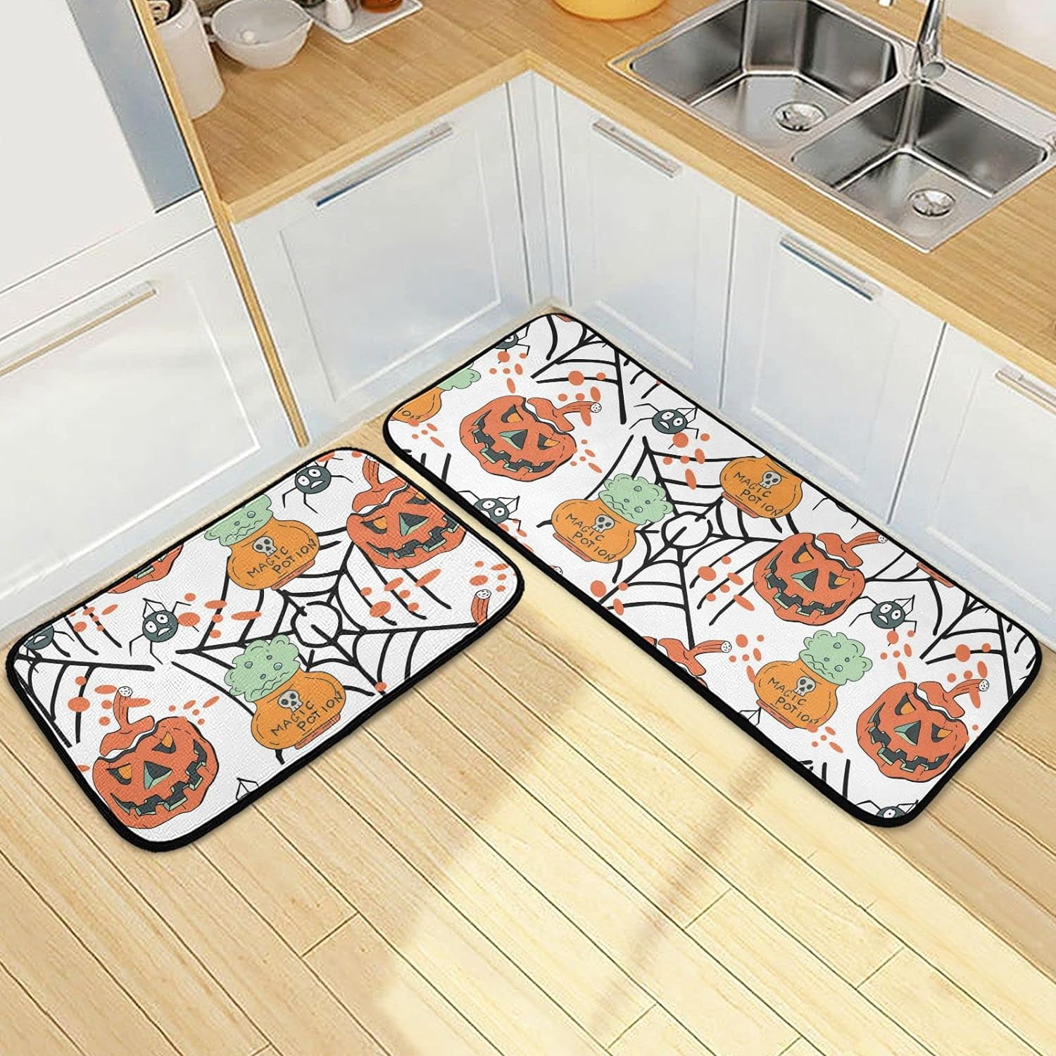 Spider Web Pumpkin Kitchen Rugs 2 Pieces, Halloween Magic Potion Floor ...