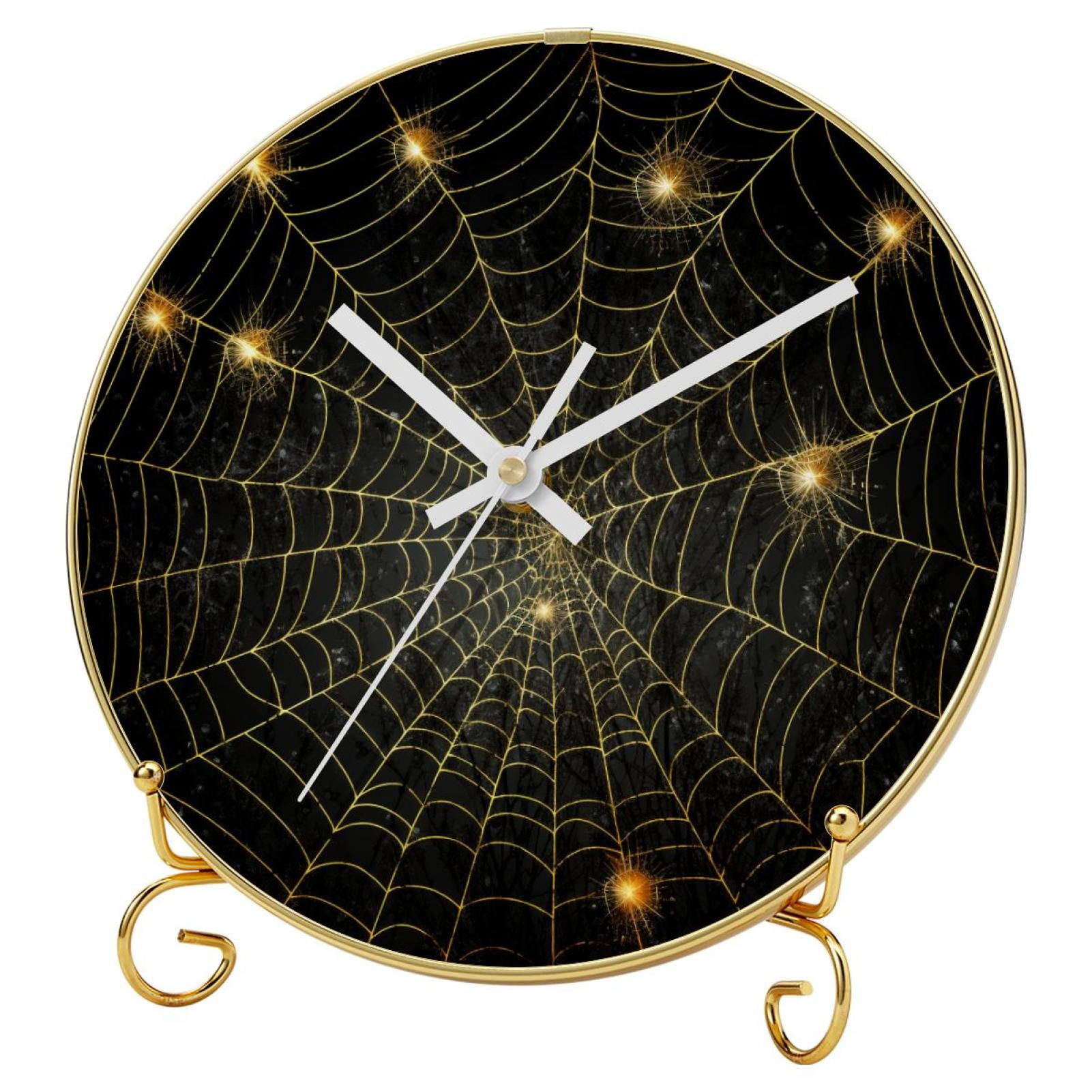 Spider Web Round Printed Wall Clock with Hooks and Gold Stand - Silent ...