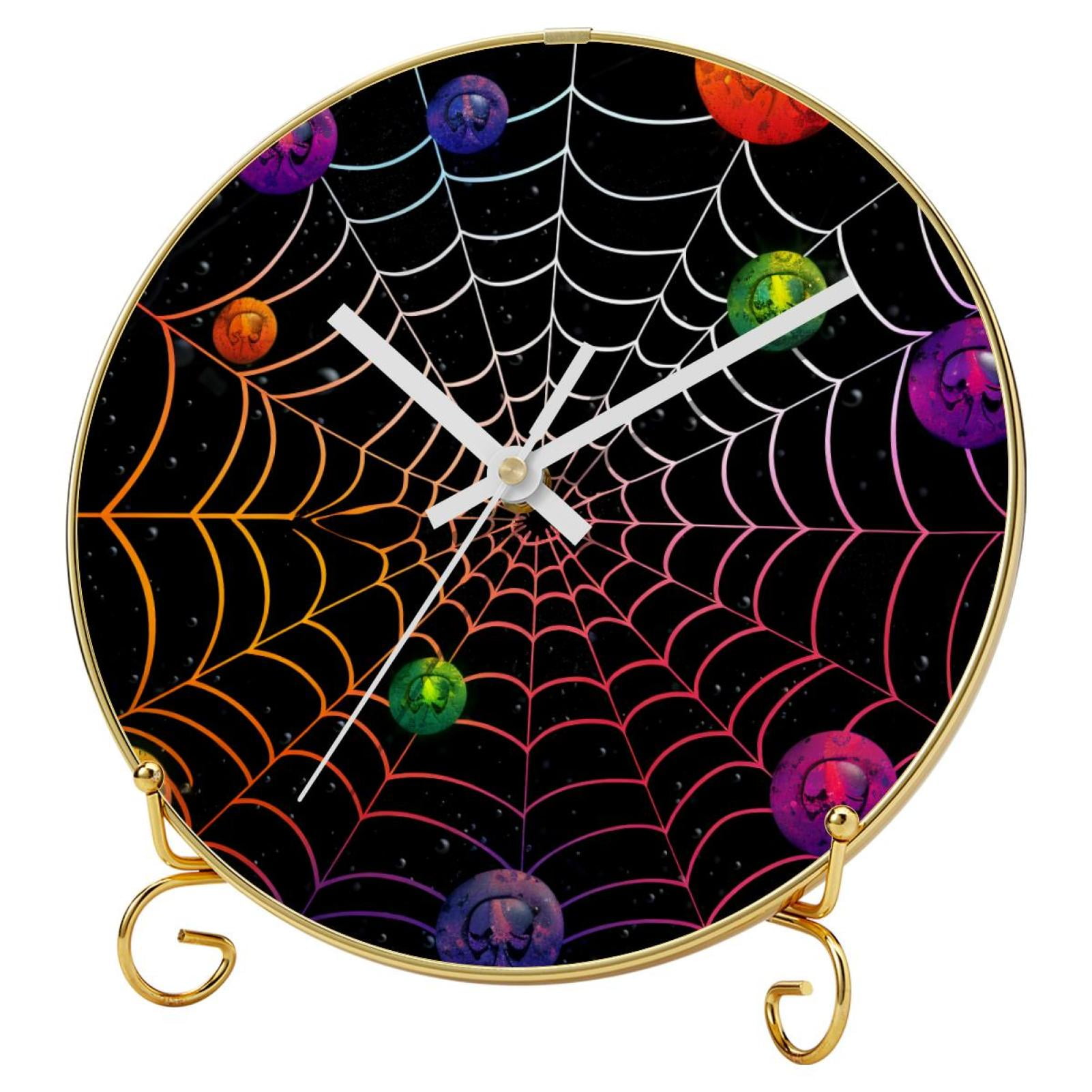 Spider Web Round Printed Wall Clocks with Hooks and Gold Stand - Silent ...