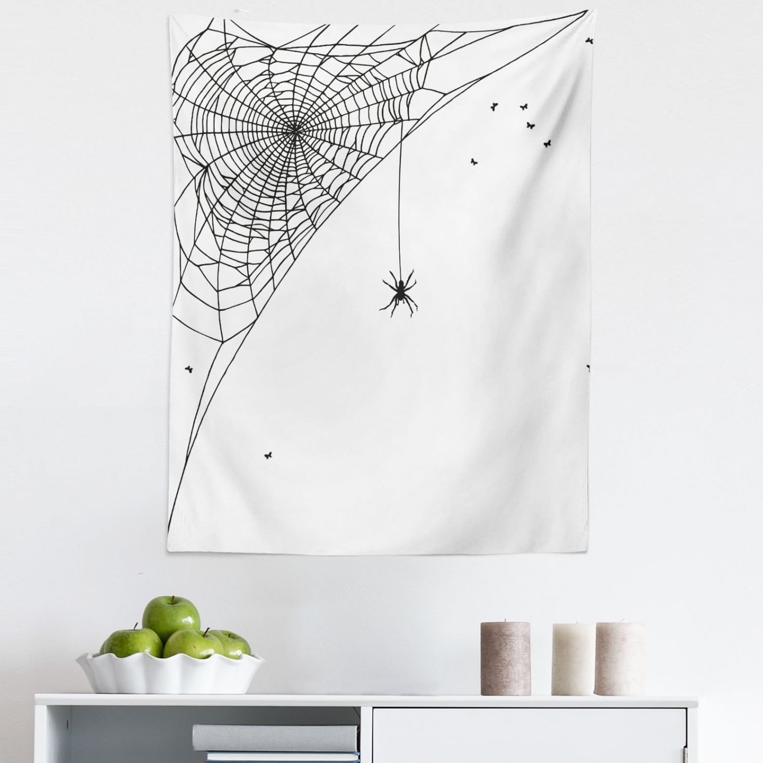 Spider Web Tapestry, Corner Cobweb with a Hanging Insect Hand Drawn ...
