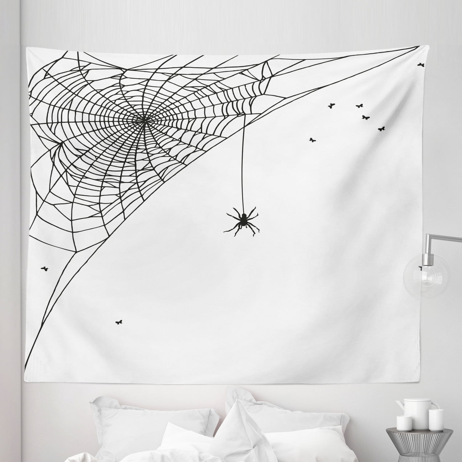 Spider Web Tapestry, Corner Cobweb with a Hanging Insect Hand Drawn ...
