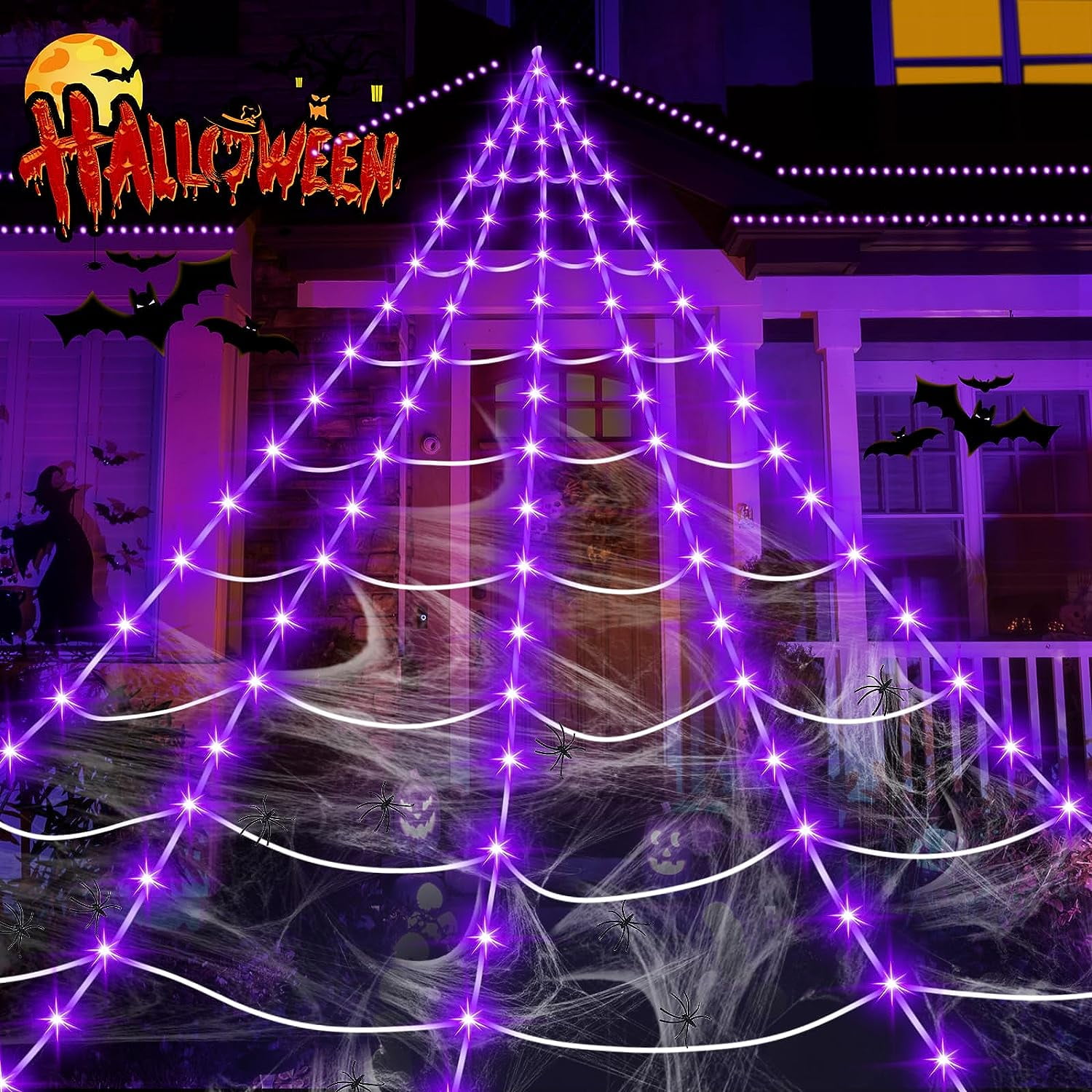 Halloween Decorations Outdoor, 23FT Spider Web Lights Outside Scary ...