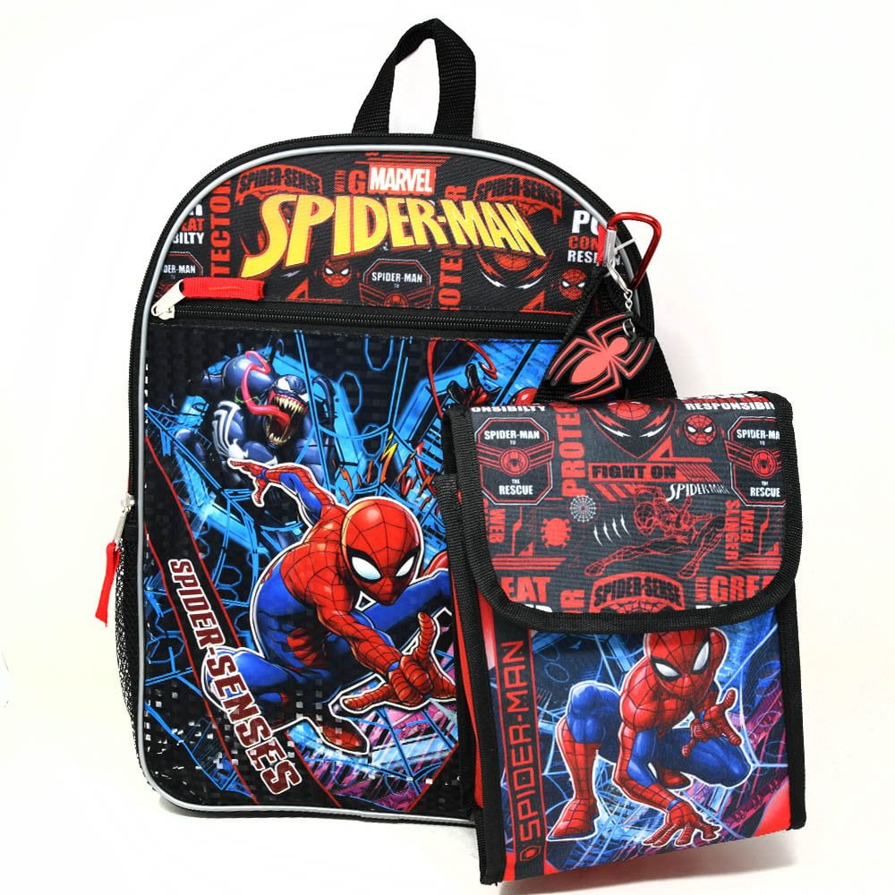 Spiderman 16" Backpack 5pc Set with Lunch Kit, Eraser, Keychain ...