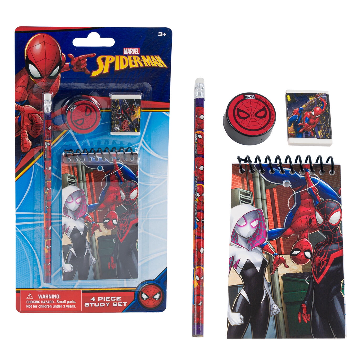 Spiderman 4pc Study Kit- Eraser, Sharpener, 25 sheet memo pad, No.2 lead real wood - Walmart.com