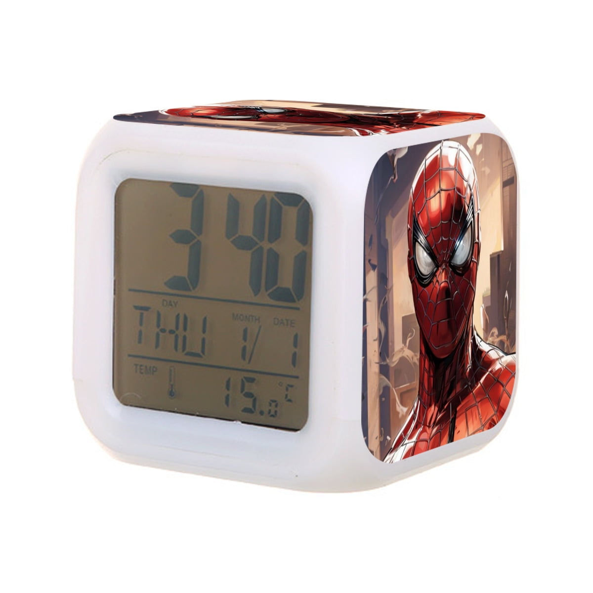 Spiderman Digital Alarm Thermometer Night Glow Cube 7 Color Clock LED ...