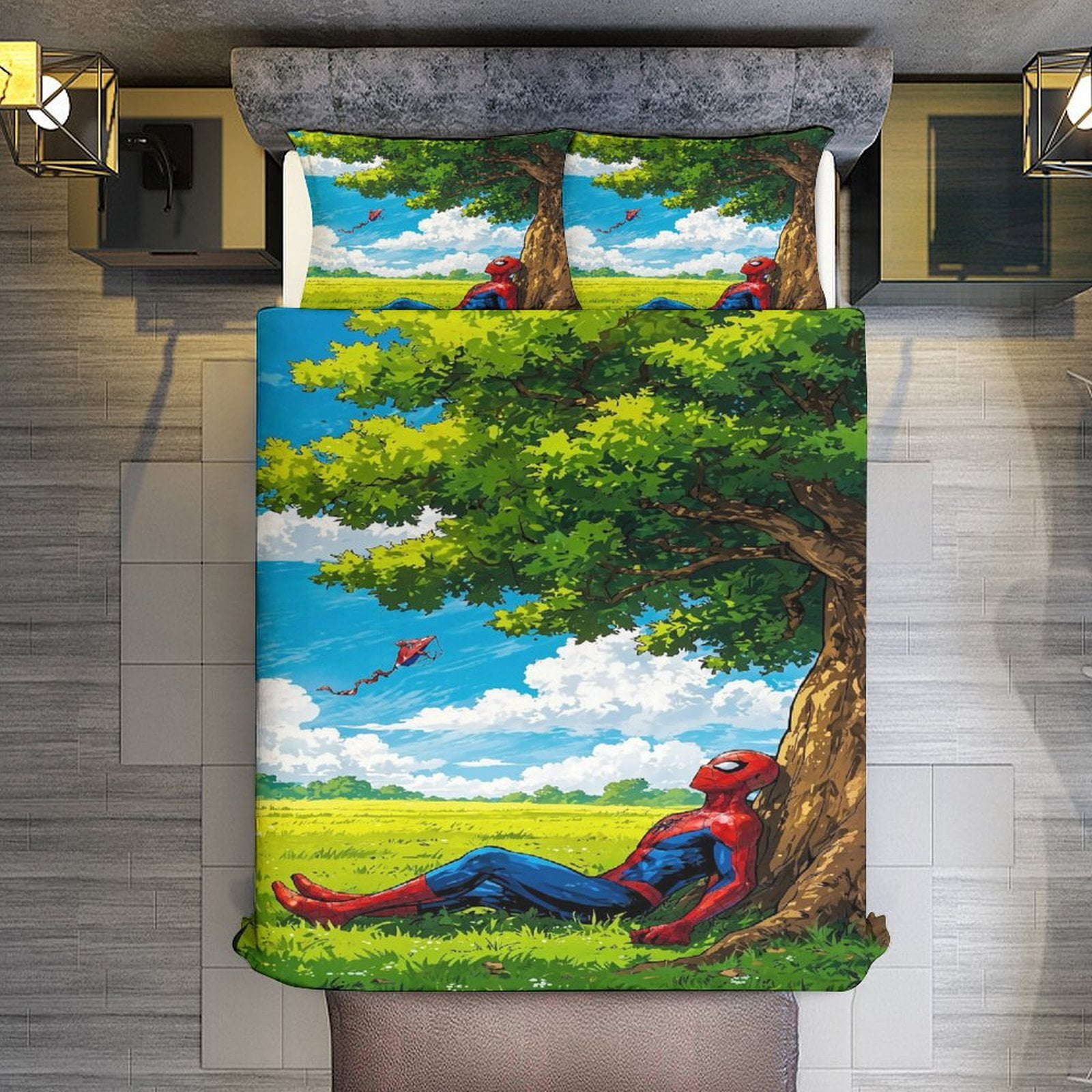 Spiderman Lying on The Lawn Queen Sheet Set for Kids and Adults,Soft ...