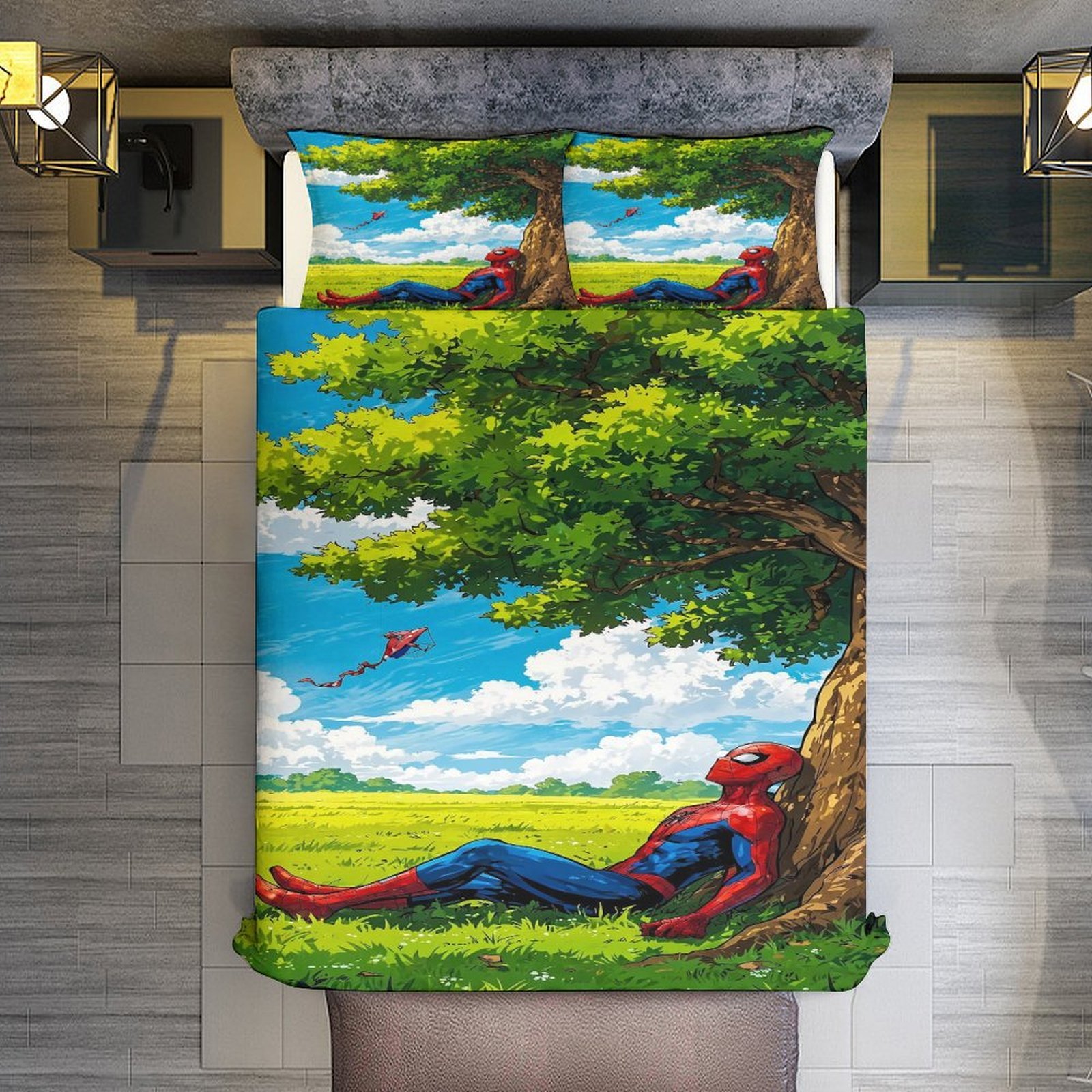 Spiderman Lying on The Lawn Queen Sheet Set for Kids and Adults,Soft ...