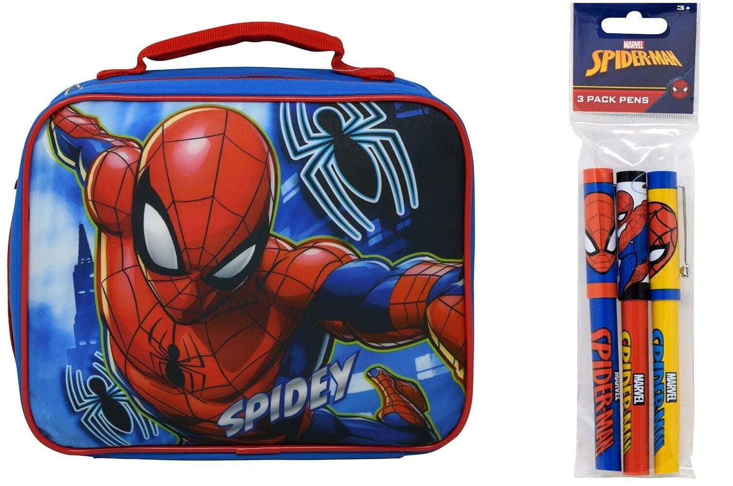 Spiderman Rectangle Lunch Bag With 3pk Pens in Poly Bag with Header ...