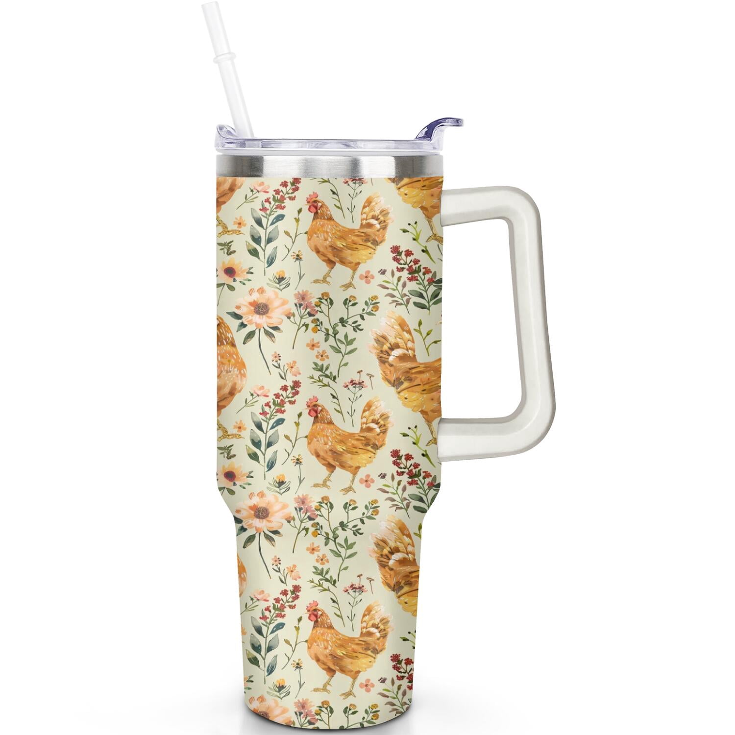 Spill Proof 40oz Chicken Themed Travel Tumbler with Handle and Straw ...