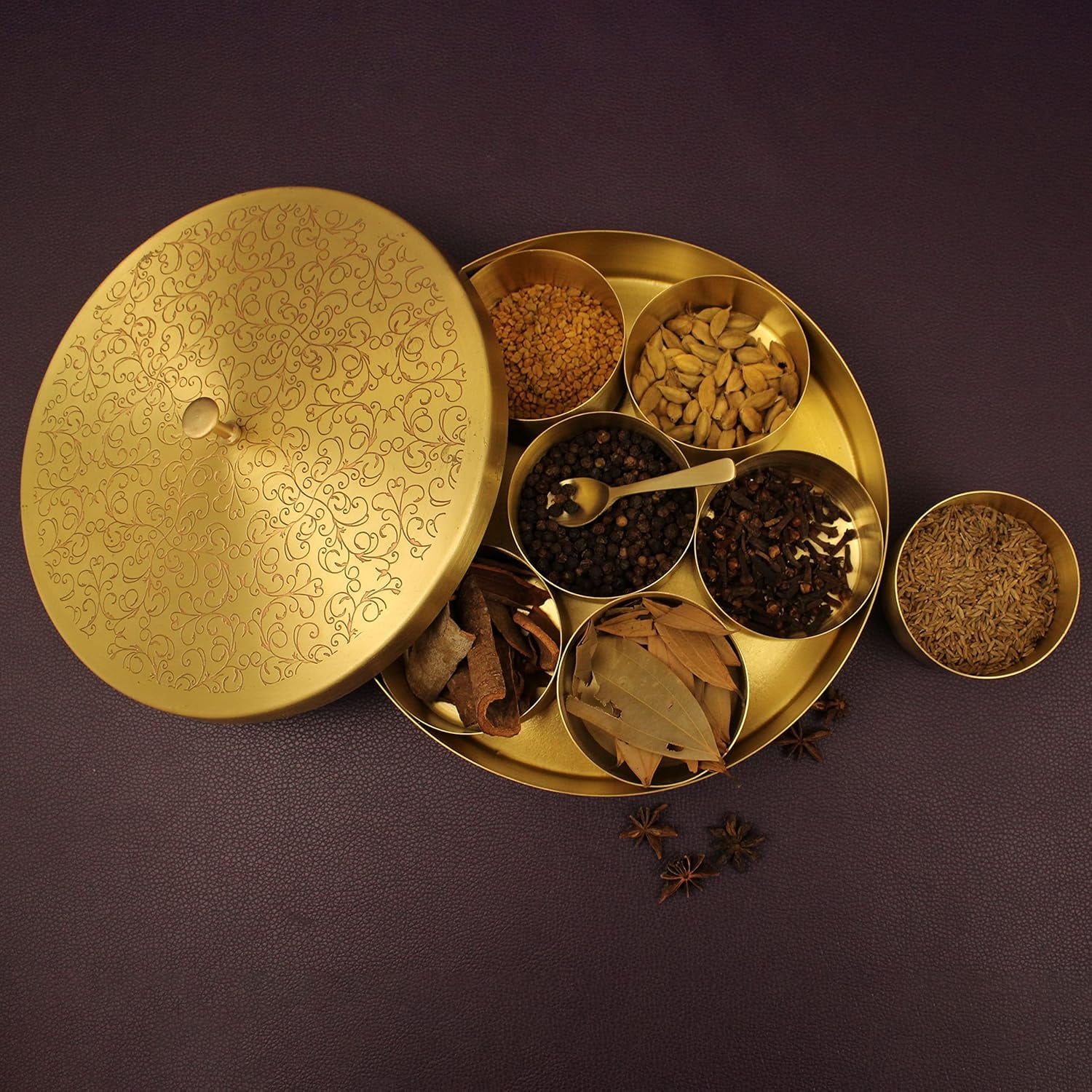 Spillbox Handcrafted Pure Brass Engraved design Spice Box Set For Kitchen With SpoonBrass Masala ...