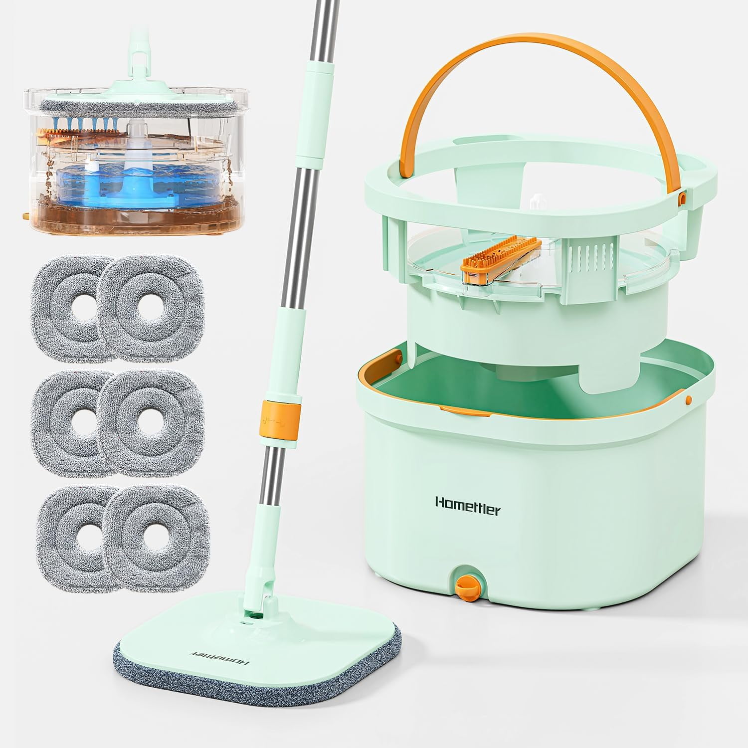 Spin Mop and Bucket with 6 Microfibra Replaceable Mop Pads with Self ...