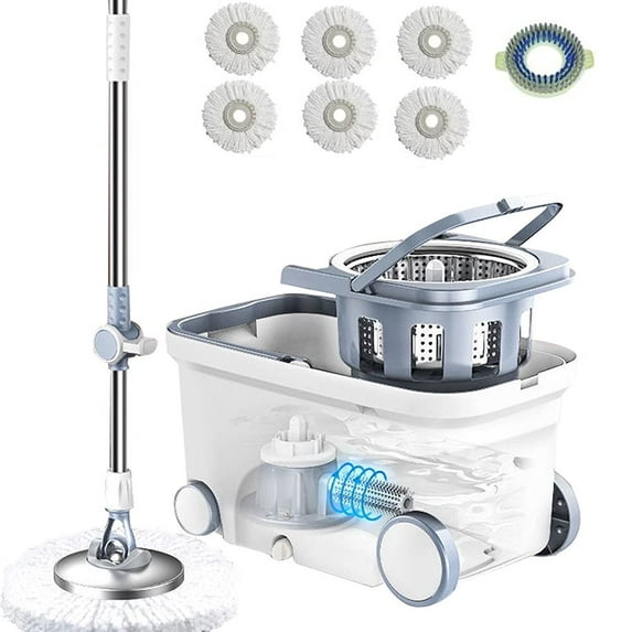 Spin Mop Bucket Deluxe 360 Spinning Floor Cleaning System with 6 ...