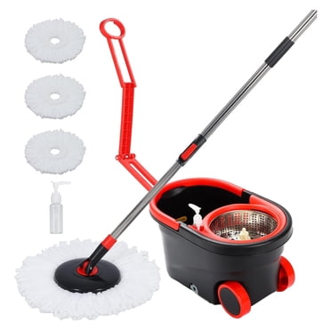 Red 360 Spin Indoor Mop and Easy Wring Bucket System - 3 Microfiber ...