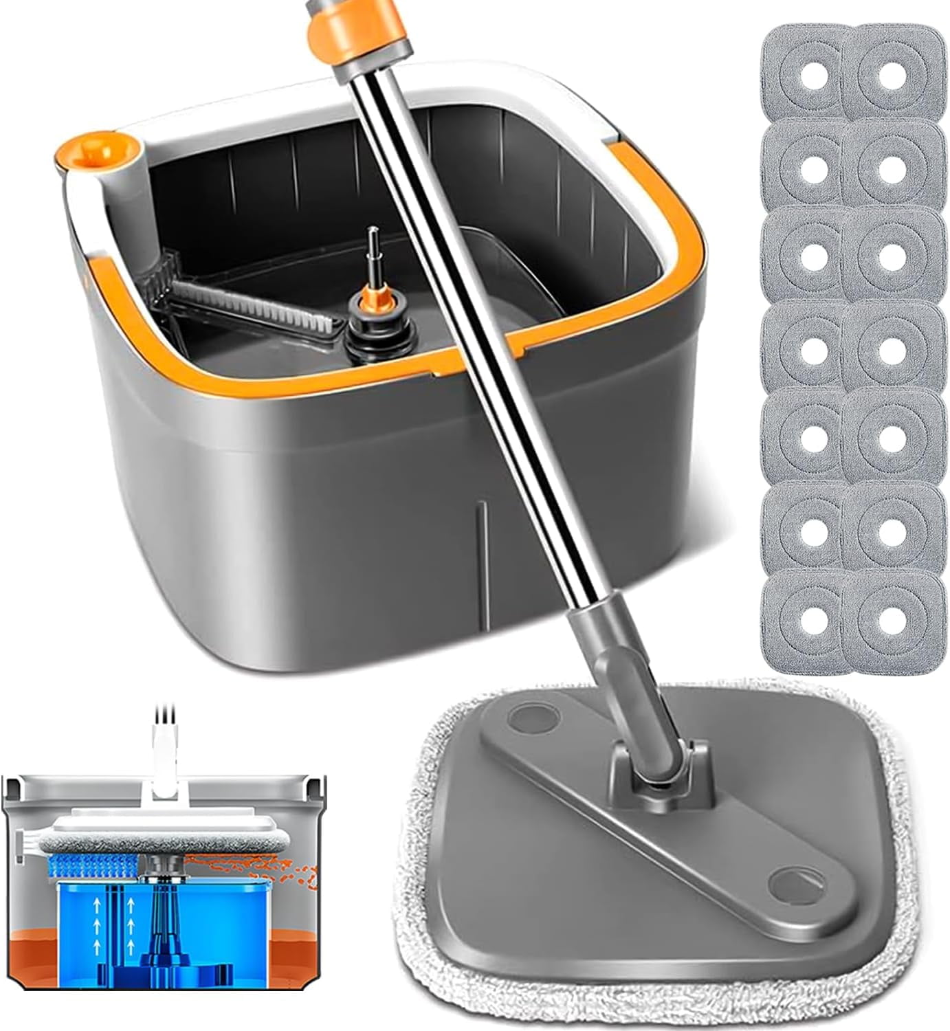 Spin Mop and Bucket Set with 14 Replaceable Microfiber Mop Pads with ...