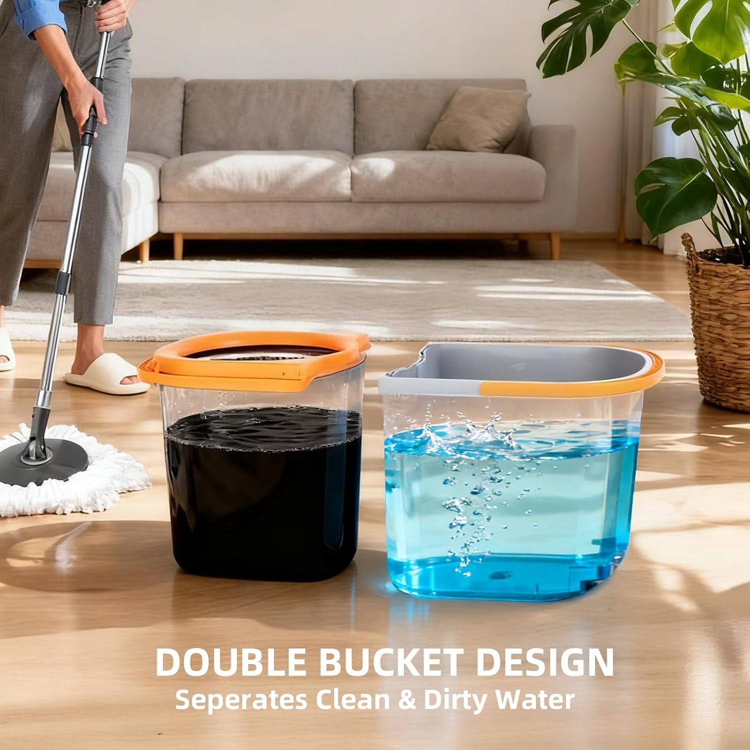 Spin Mop and Bucket Set, Detachable Double Buckets Separate Dirty Water ...