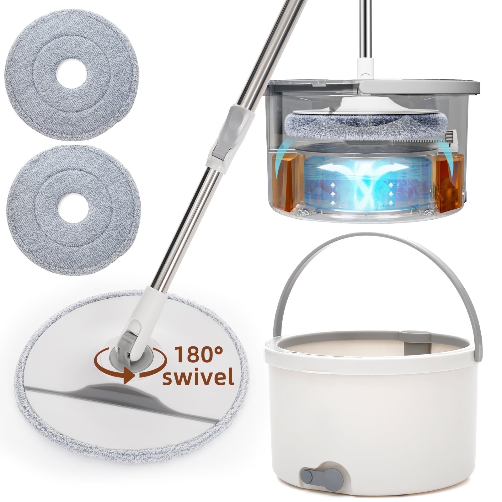 Spin Mop and Bucket Set with 2 Replaceable Microfiber Mop Pads with ...