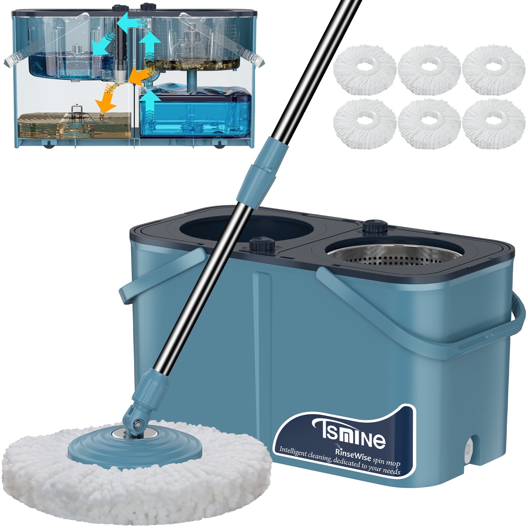 Tsmine Mop Bukcet,Separate Clean & Dirty Water,4-Chamber with 6 Pcs ...
