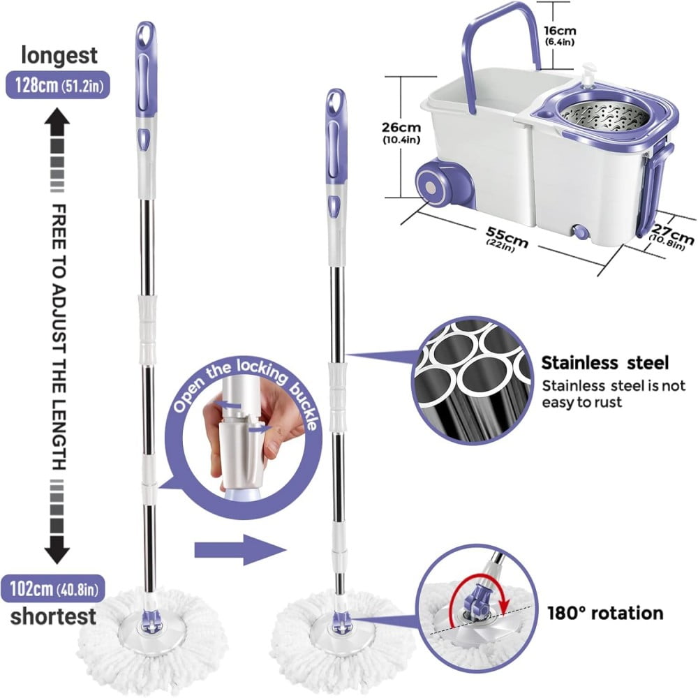 Spin Mop Bucket System with Wringer Set, Mop Buckets Separate Clean and Dirty Water,360° 6psc ...