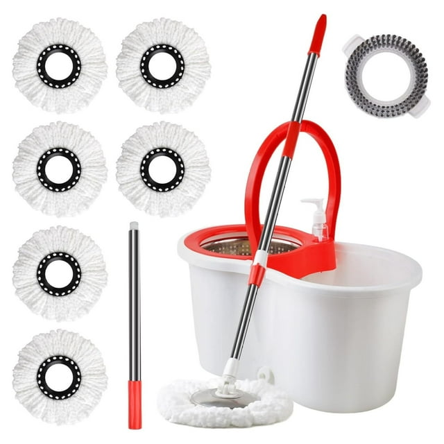 Spin Mop and Bucket with Wringer Set, 360° Spinning Mop Bucket System with 6 Microfiber Mop ...