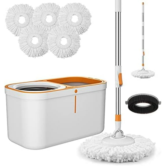 Spin Mop Bucket with Wringer System Extended Mop Handle 61＂Mop and ...