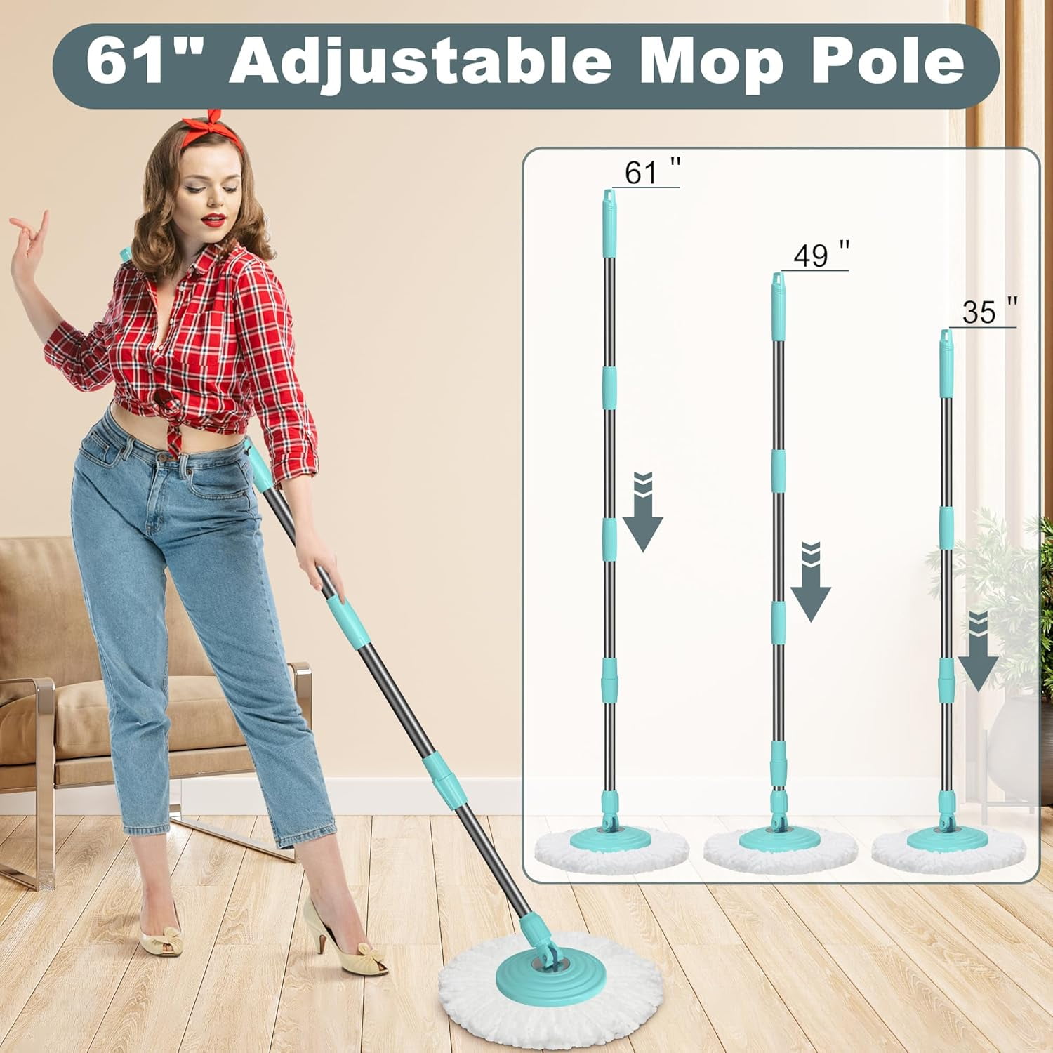 Spin Mop and Bucket System with 61" Extended Handle, 3 Microfiber Mops ...