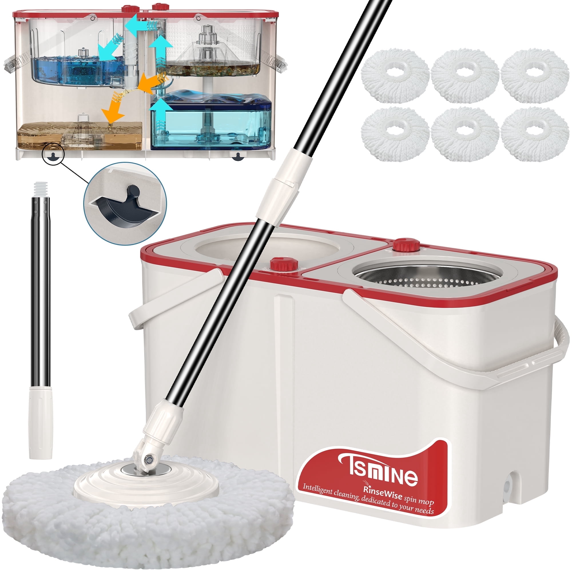Tsmine Spin Mop Bucket with 4 Wheels, Separate Clean & Dirty Water, 6 ...