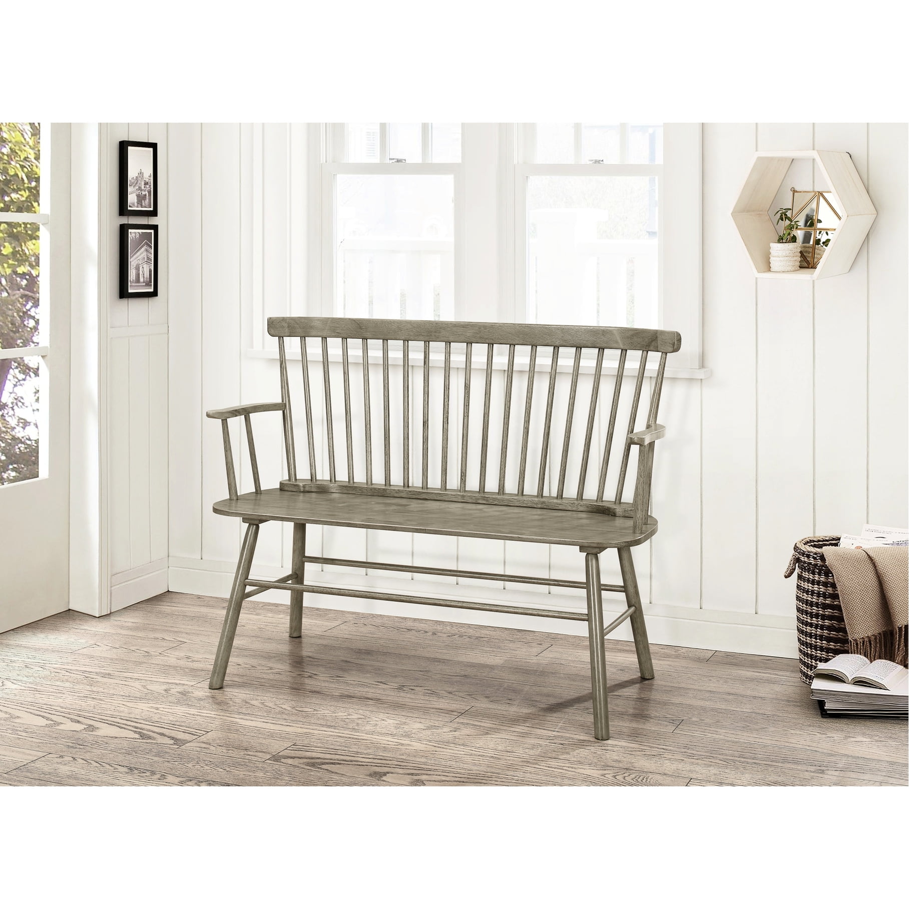 Spindle Back Gray Wood Bench For Casual Style Solid With And Arm ...