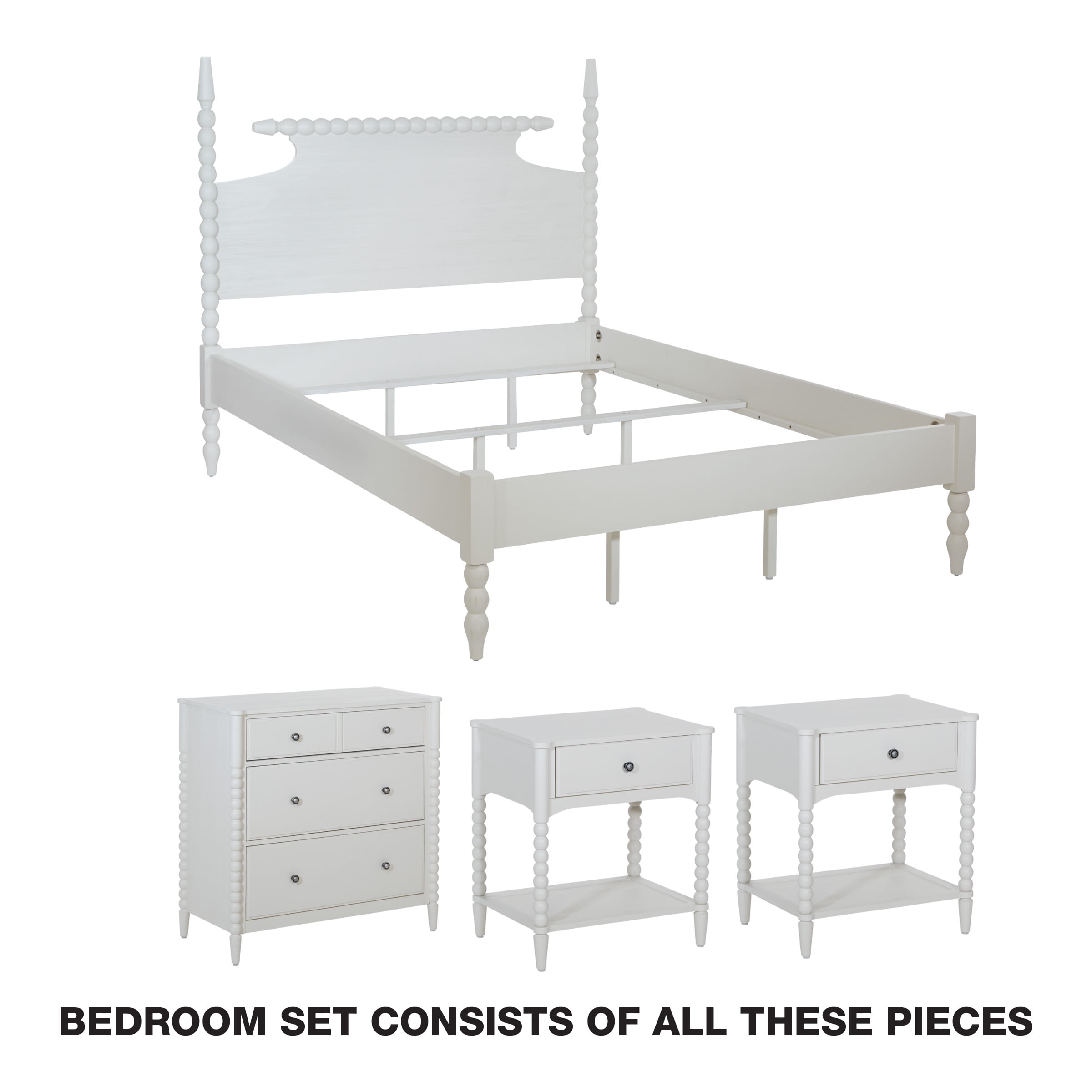 Spindle King Bed Complete Set 2 Night Stands 1 3-Drawer Chest in White ...