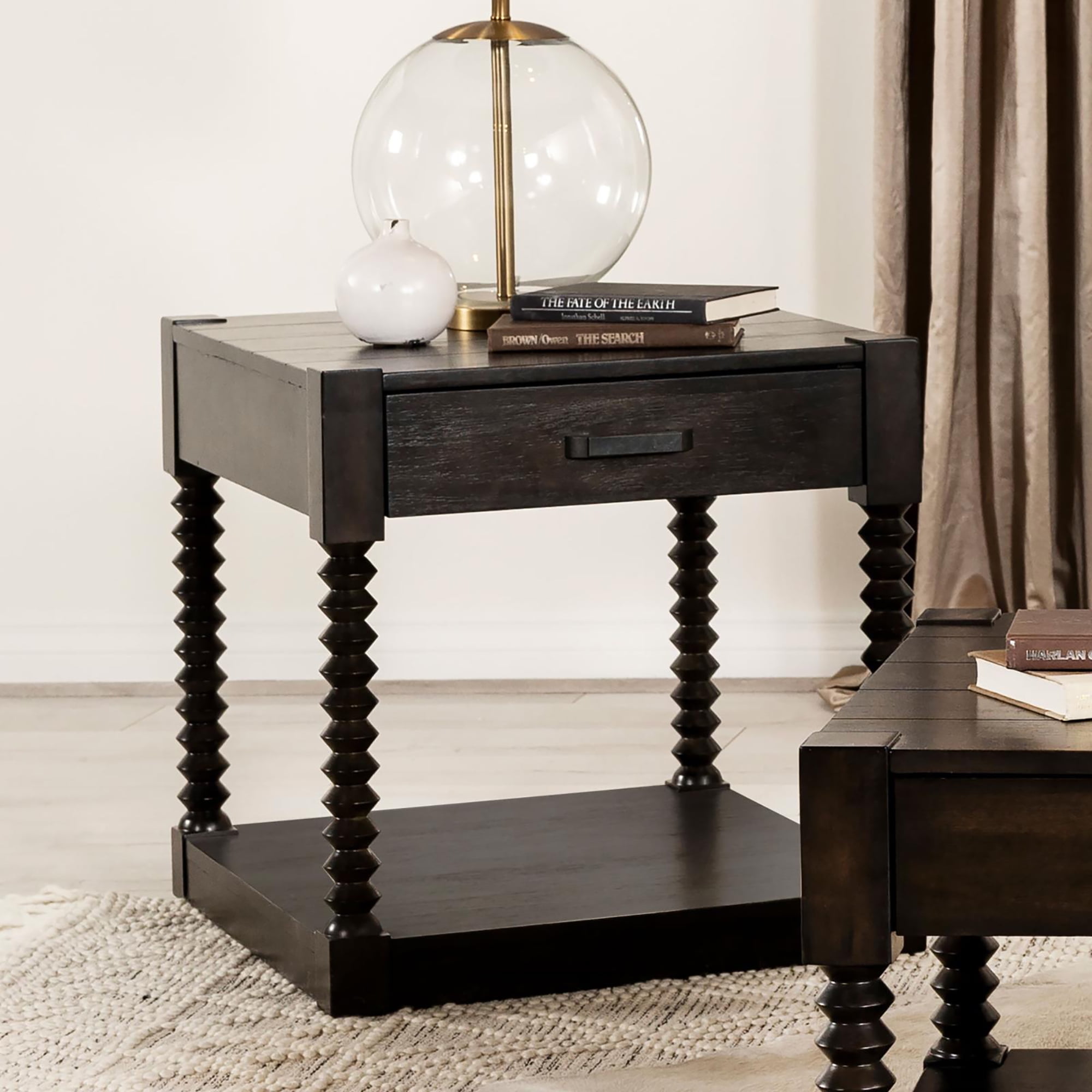 Spindle Leg Coffee Bean End Table with Drawer and Shelf - Stylish ...