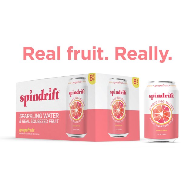 Spindrift Sparkling Water, Grapefruit Flavored, Made with Real Squeezed Fruit, 12 fl oz, 8 Count ...