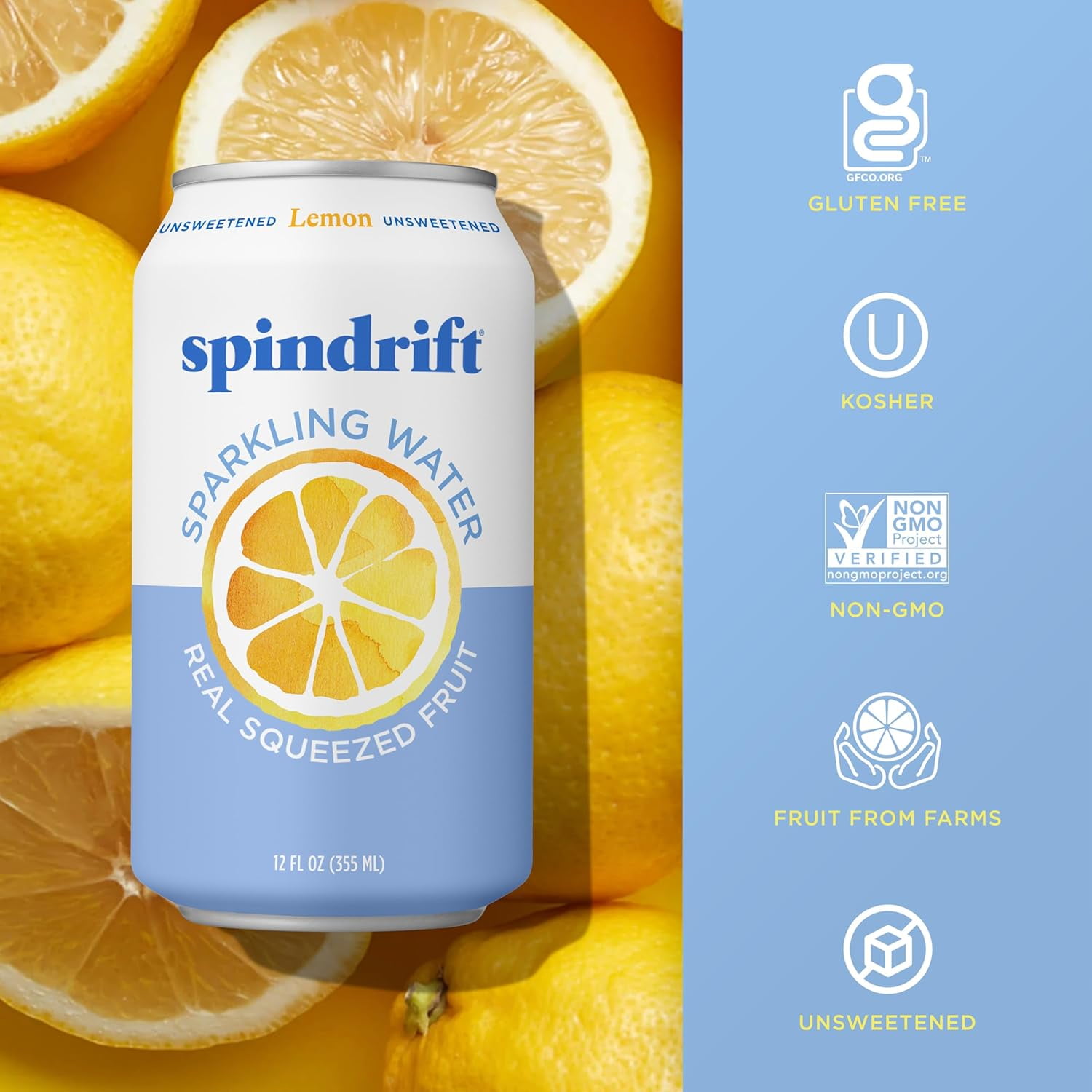 Spindrift Sparkling Water, Lemon Flavored, Made with Real Squeezed Fruit, 12 Fl Oz (1-Can ...