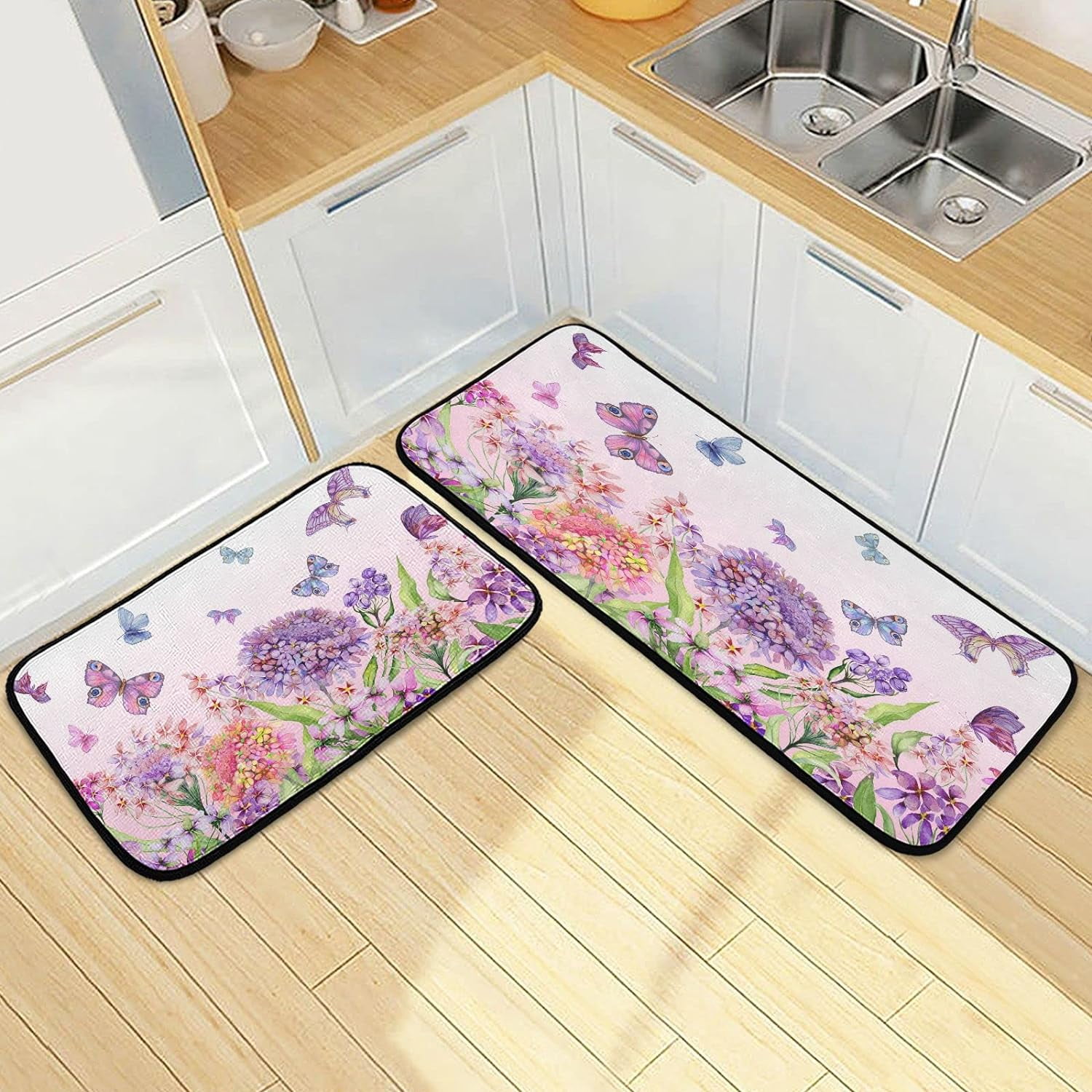 Sping Flower Butterfly Kitchen Mat Rugs Set of 2 Purple Floral Comfort ...