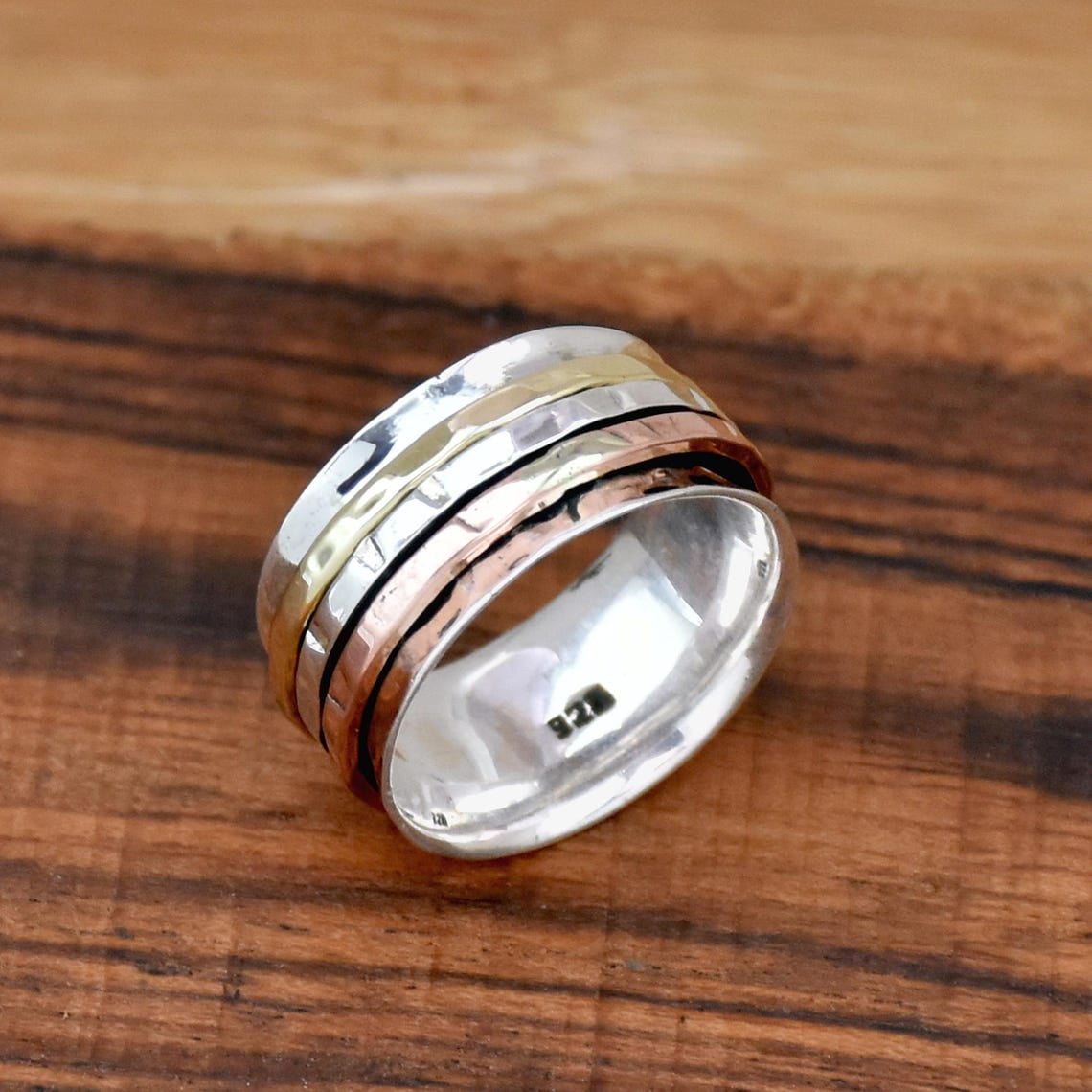 Spinner Ring, 925 Sterling Silver, Two Tone Ring, Hammered Ring, Wide ...
