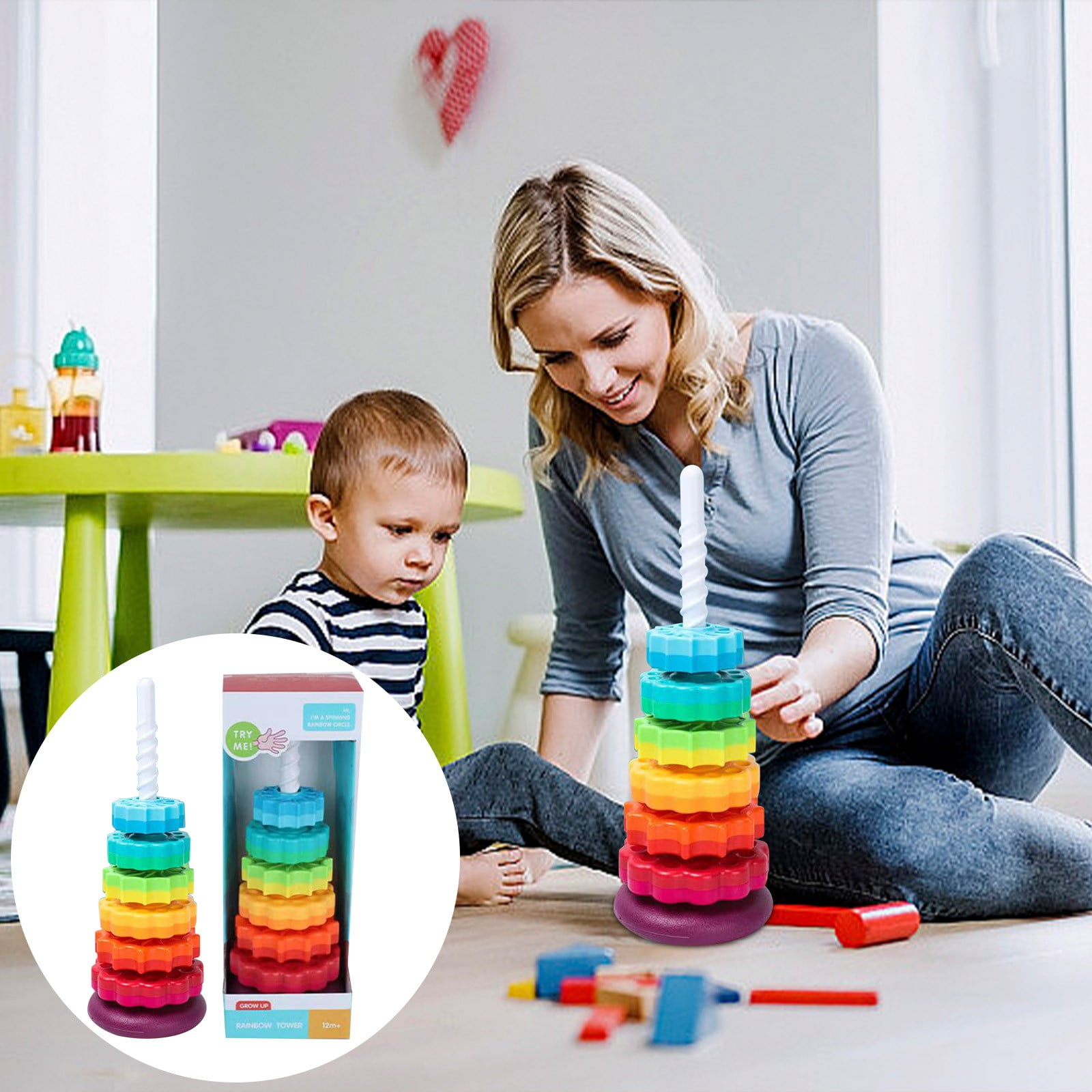 Spinning Stacking Toy, Rainbow Tower Dual-Color Spinning Wheels Premium ...