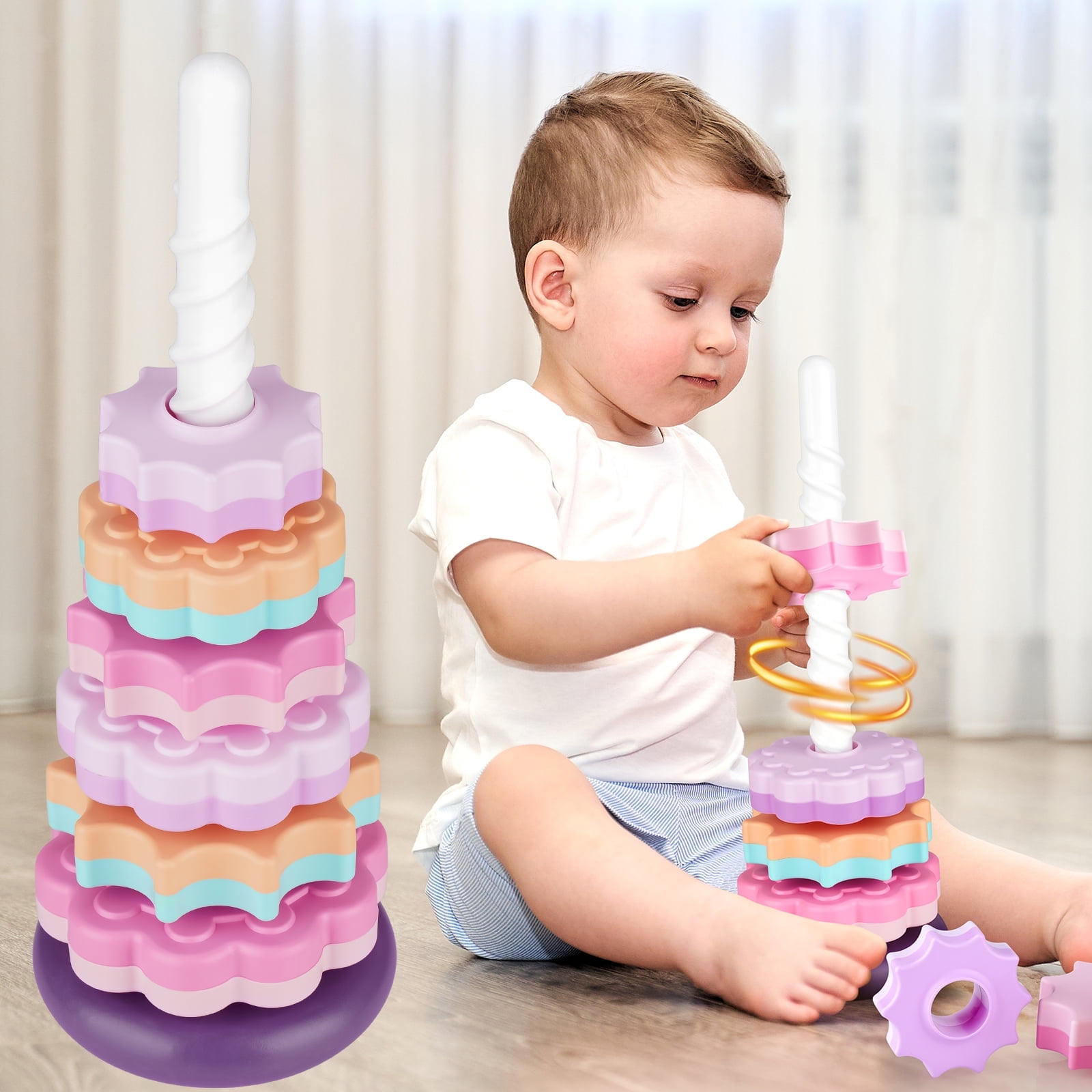 Spinning Wheels Stacking Toy for Kids, Multi-Color Spiral Tower ...
