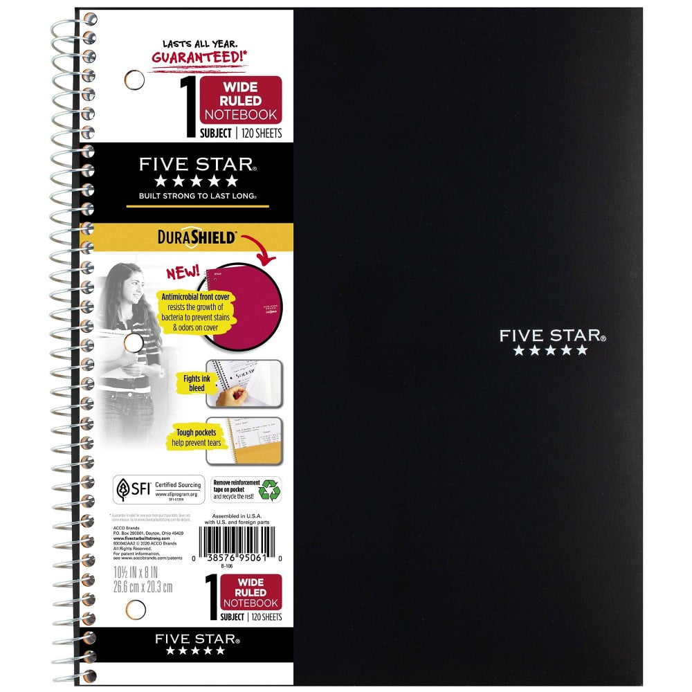 Spiral Notebook 1 Subject Wide Ruled Anti-Microbial Black - Five Star ...
