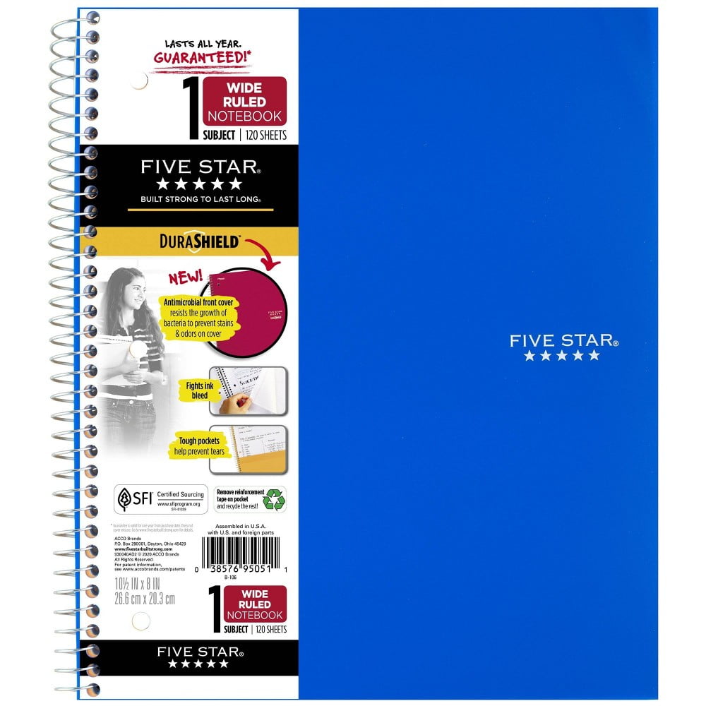 Spiral Notebook 1 Subject Wide Ruled Anti-Microbial Cobalt Blue - Five ...