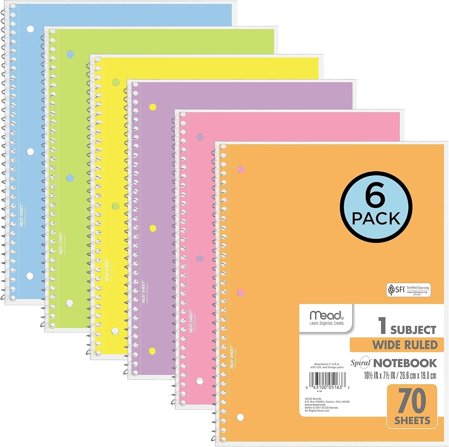Spiral Notebook, 6 Pack, 1 Subject, Wide Ruled Paper, 7-1/2" x 10-1/2 ...
