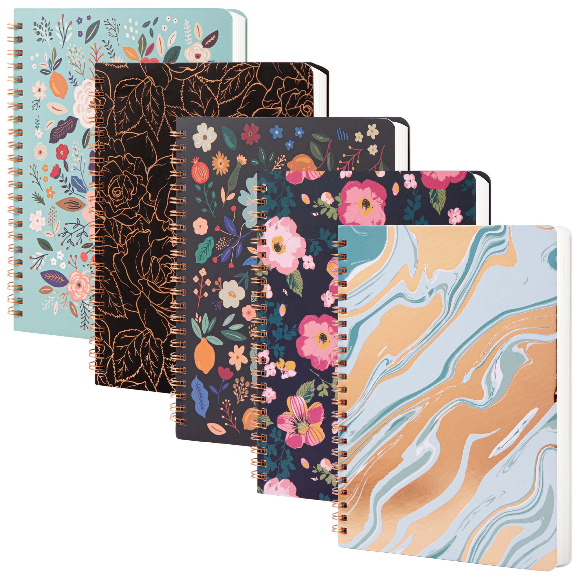 MGGAO 5-Pack A5 Spiral Notebook/Journal, Marble & Floral, College Ruled ...