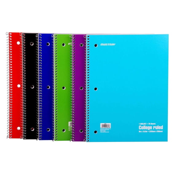 Mintra Office Spiral-Bound Notebook - Solid, 70 Sheets, 6 Pack, 3 Hole ...