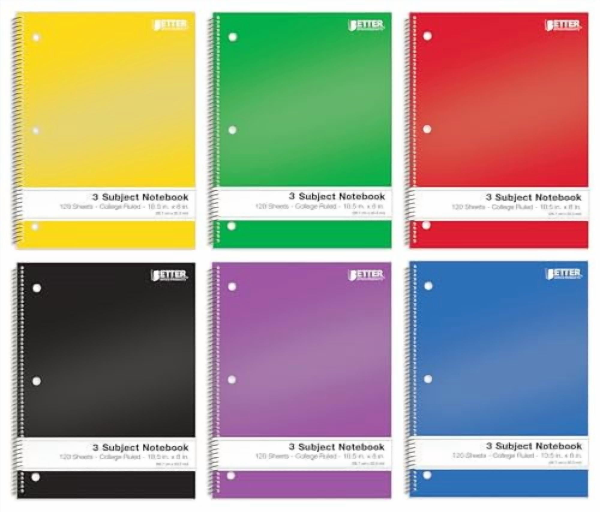 Spiral Notebooks 3-Subject, 6 Pack, College Rule, 120 Sheet Notebook ...